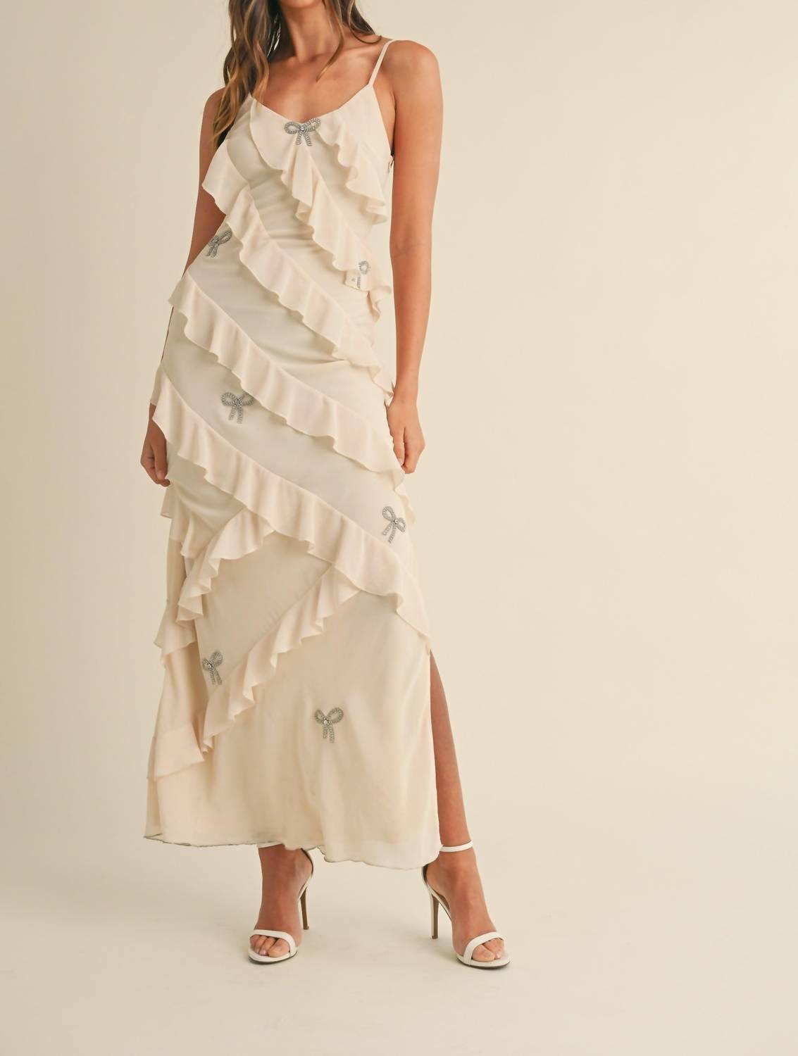 Golden - Cordi Bow Rhinestone Ruffle Maxi Dress – Snagged & Bagged