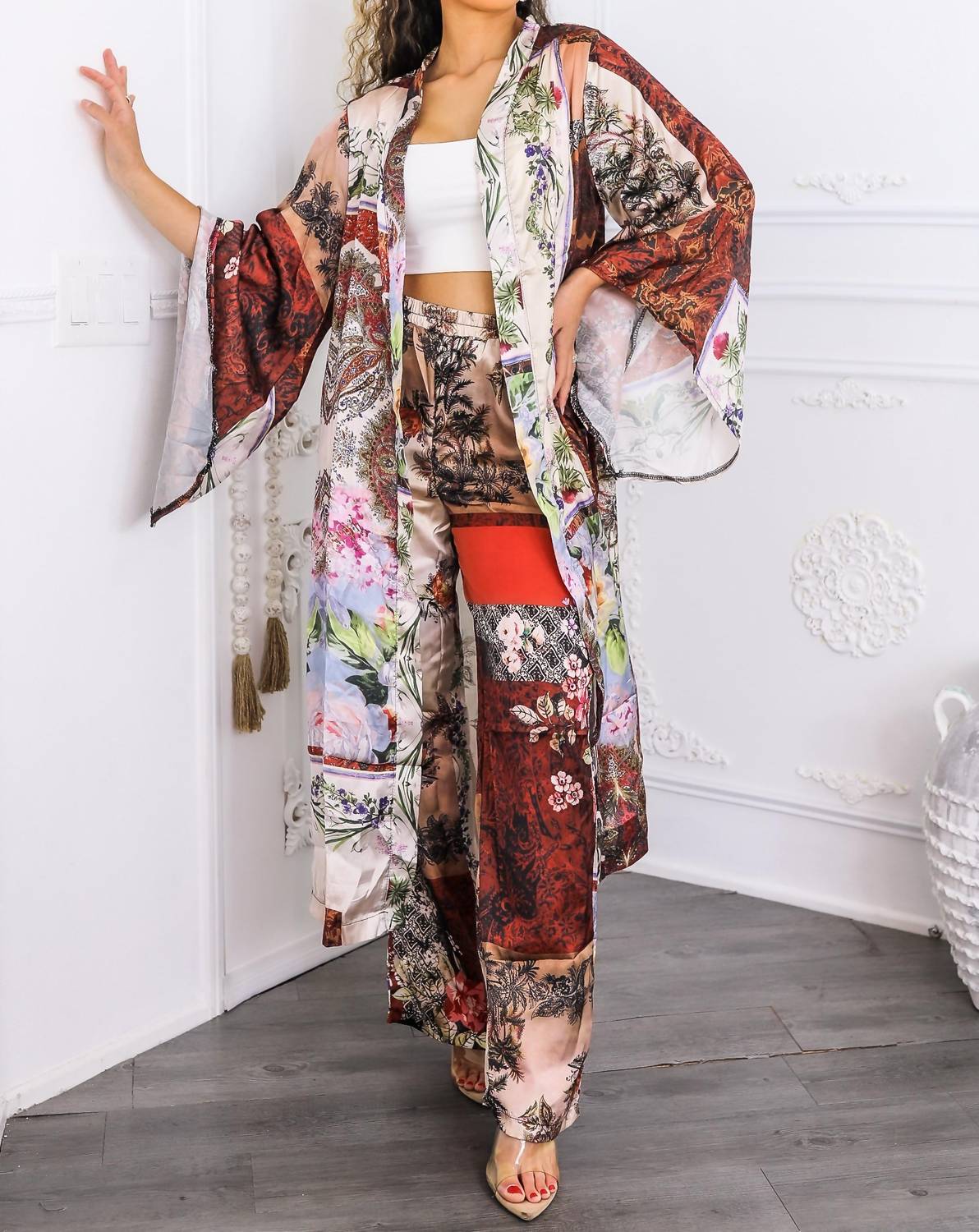 Surelymine - Golden Hour Boho Luxe Kimono Set Printed Duster & Wide-le – Snagged & Bagged
