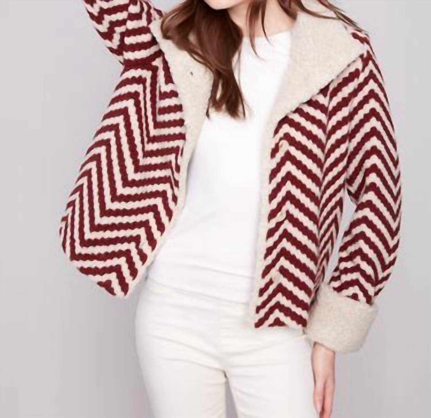 Charlie B - Chevron Bouclé Short Jacket With Sherpa Trim – Snagged & Bagged