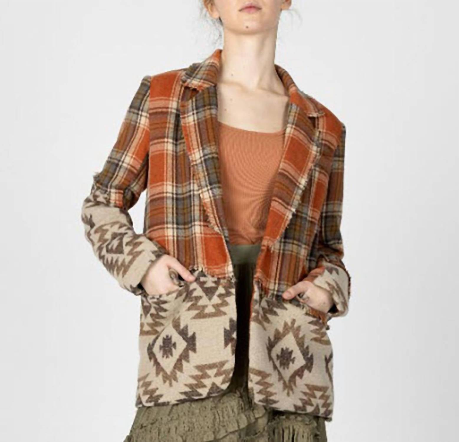 Miss Me - Women's Plaid Mixed Aztec Print Blazer – Snagged & Bagged