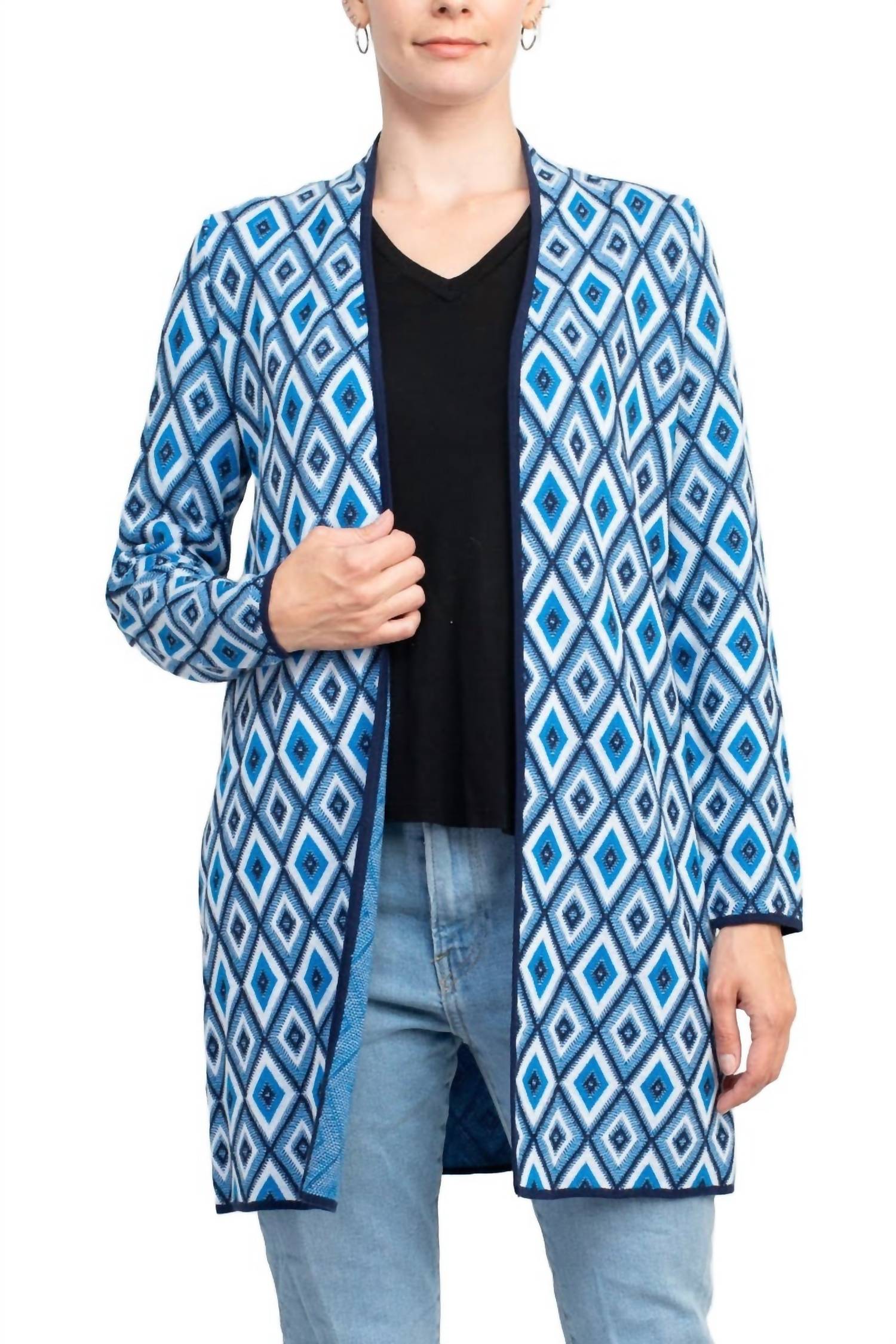 Kasper - Open Front Piping Detail Diamond Jacquard Cardigan – Snagged ...