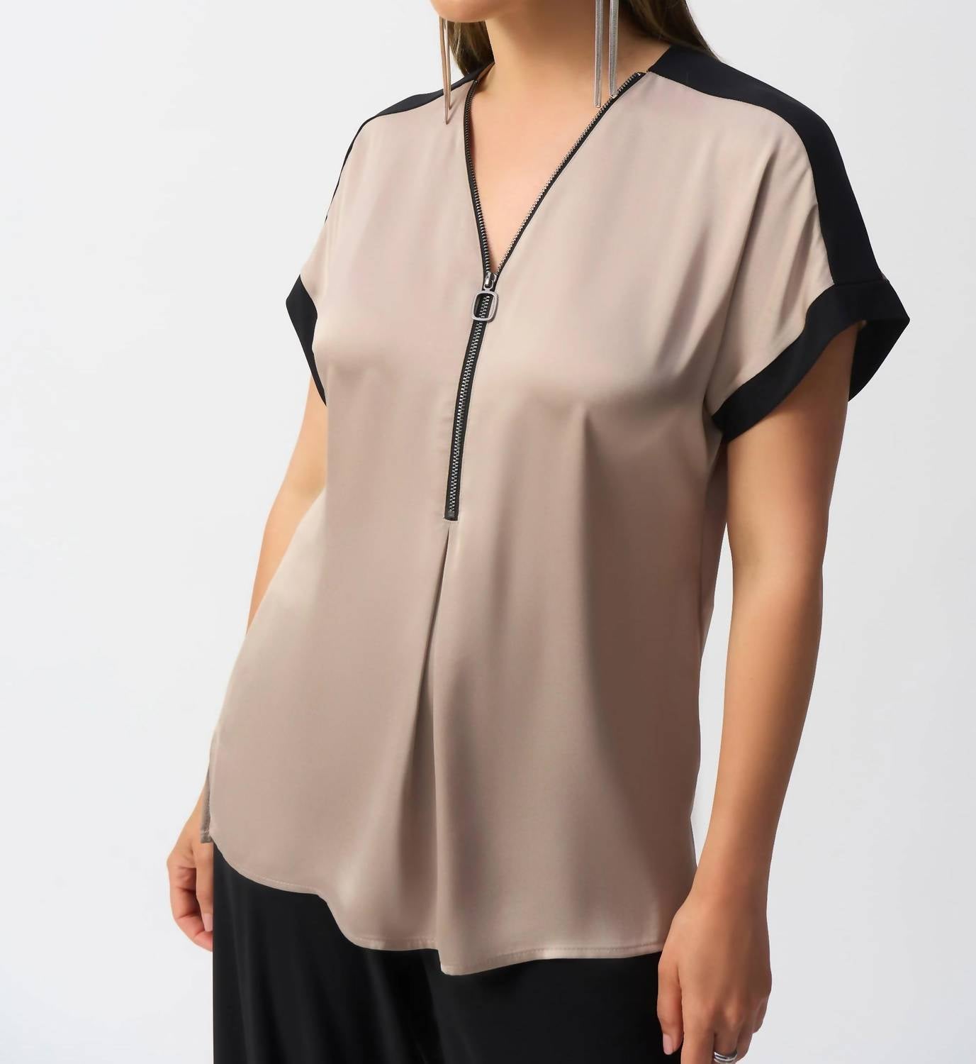 Joseph Ribkoff - V-neck Zip Front Satin Top – Snagged & Bagged