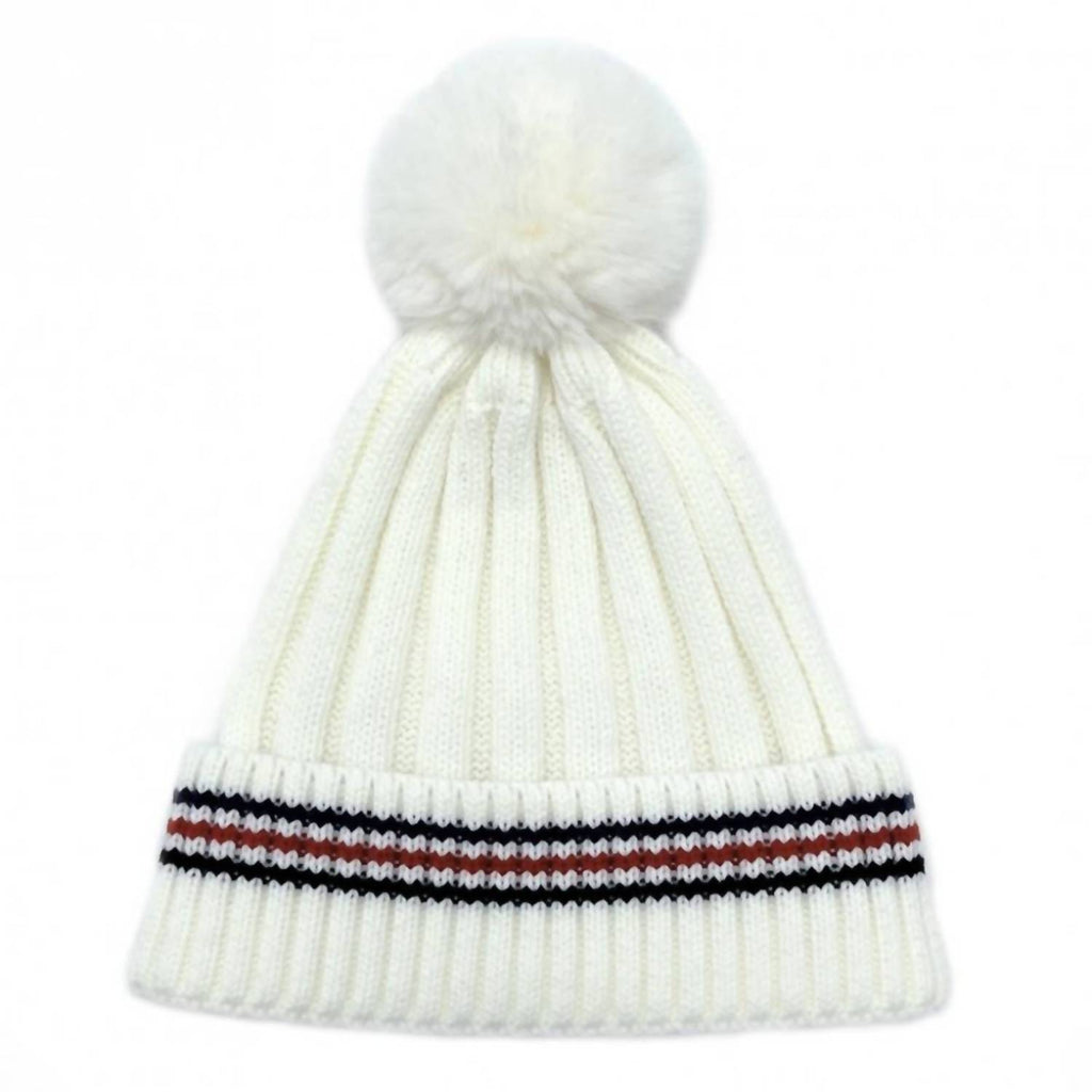 Judson & Company - Women's Stripe Details Knit Beanie With Faux Fur Po ...