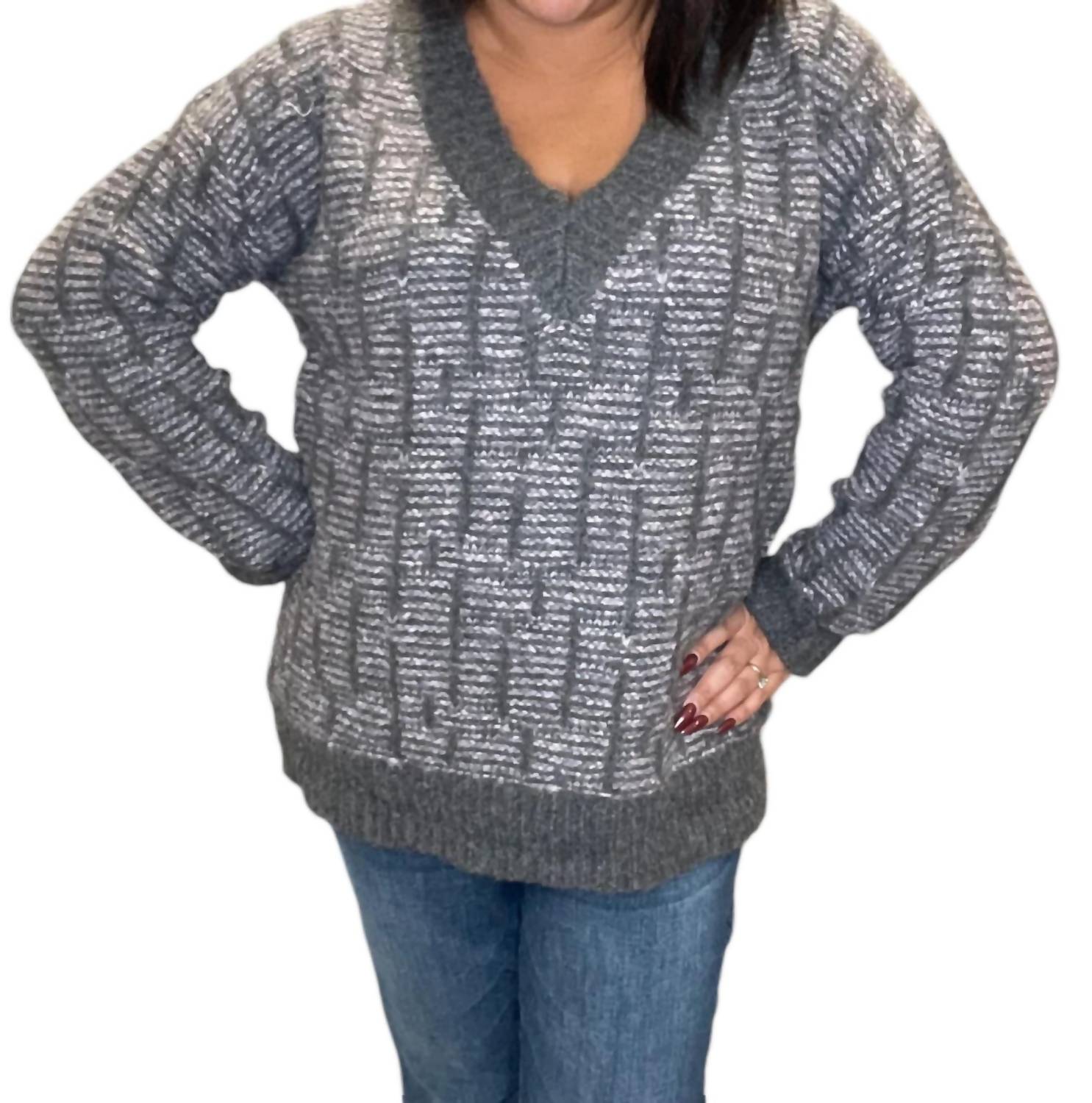 Mystree - Cozy Patterned V-Neck Sweater – Snagged & Bagged