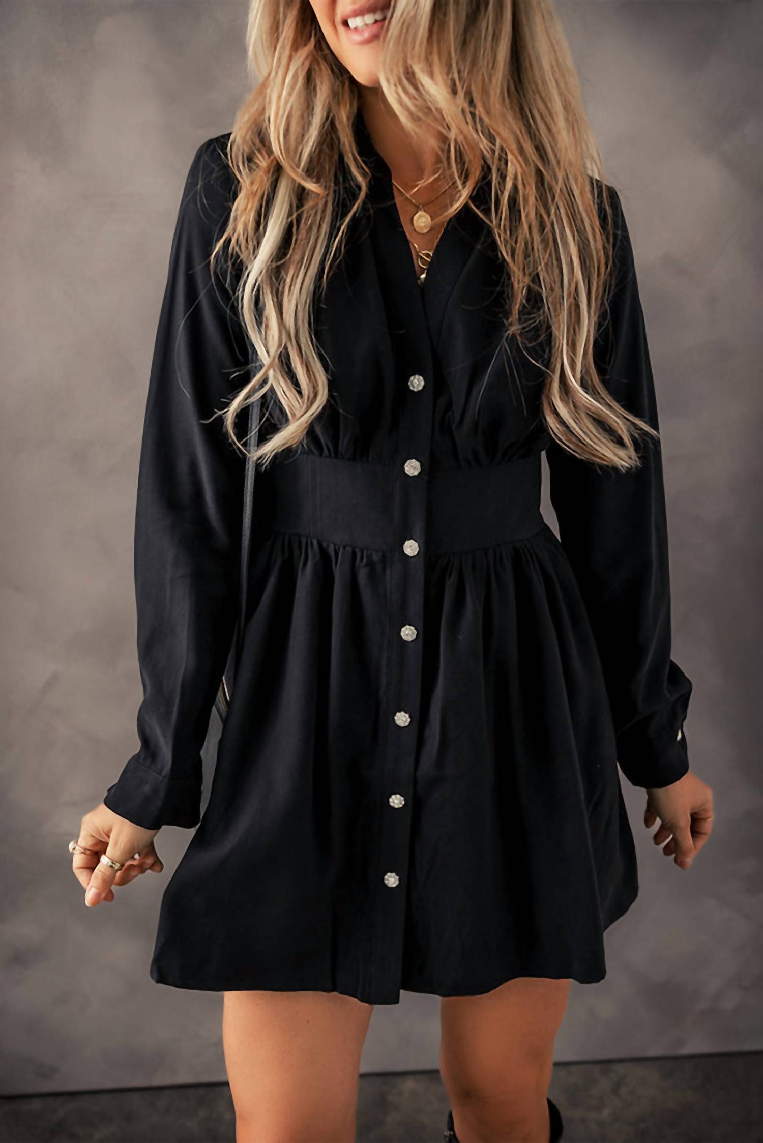 1 The Woman - Elastic Cinched High Waist Long Sleeve Shirt Mini Dress ...