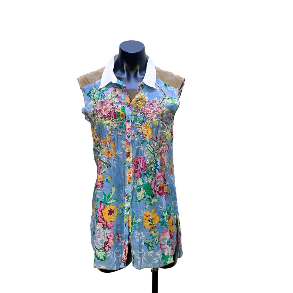 Aratta - Silent Journey Floral Embroidered Sleeveless Button-down Shir ...