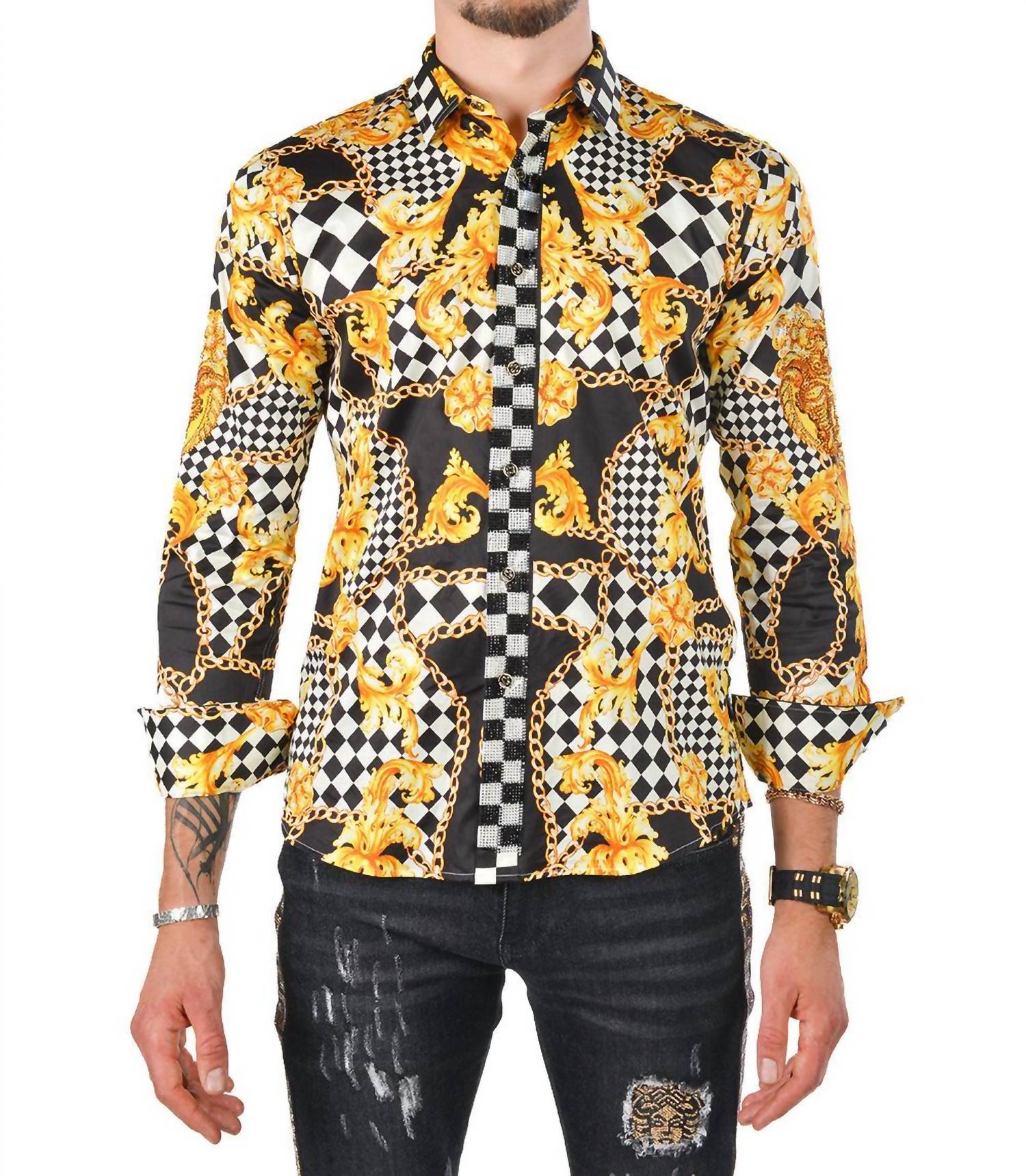 Barabas - Baroque Checker Rhinestone Long Sleeve Shirt – Snagged & Bagged
