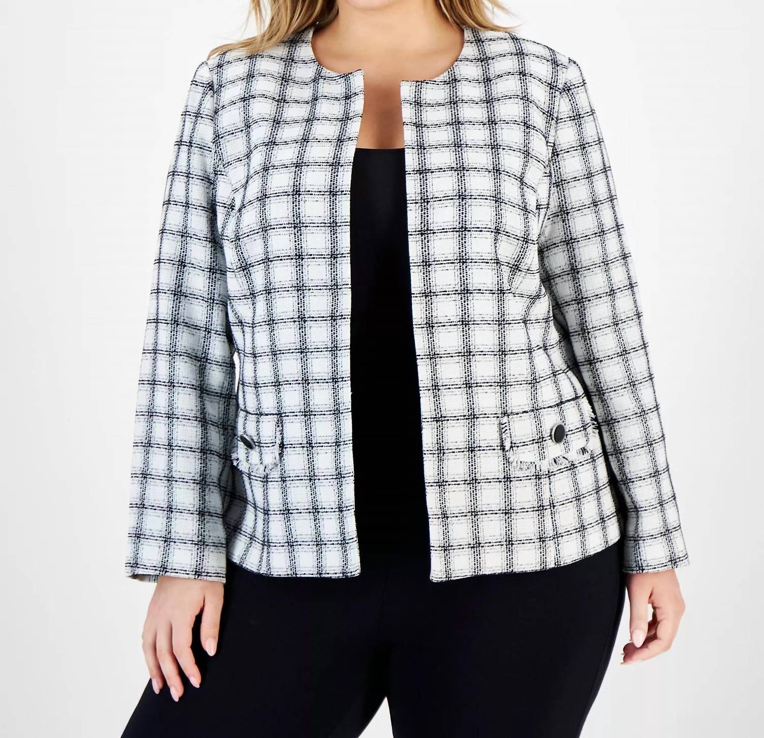 Kasper - Tweed Open-front Collarless Cardigan - Plus – Snagged & Bagged